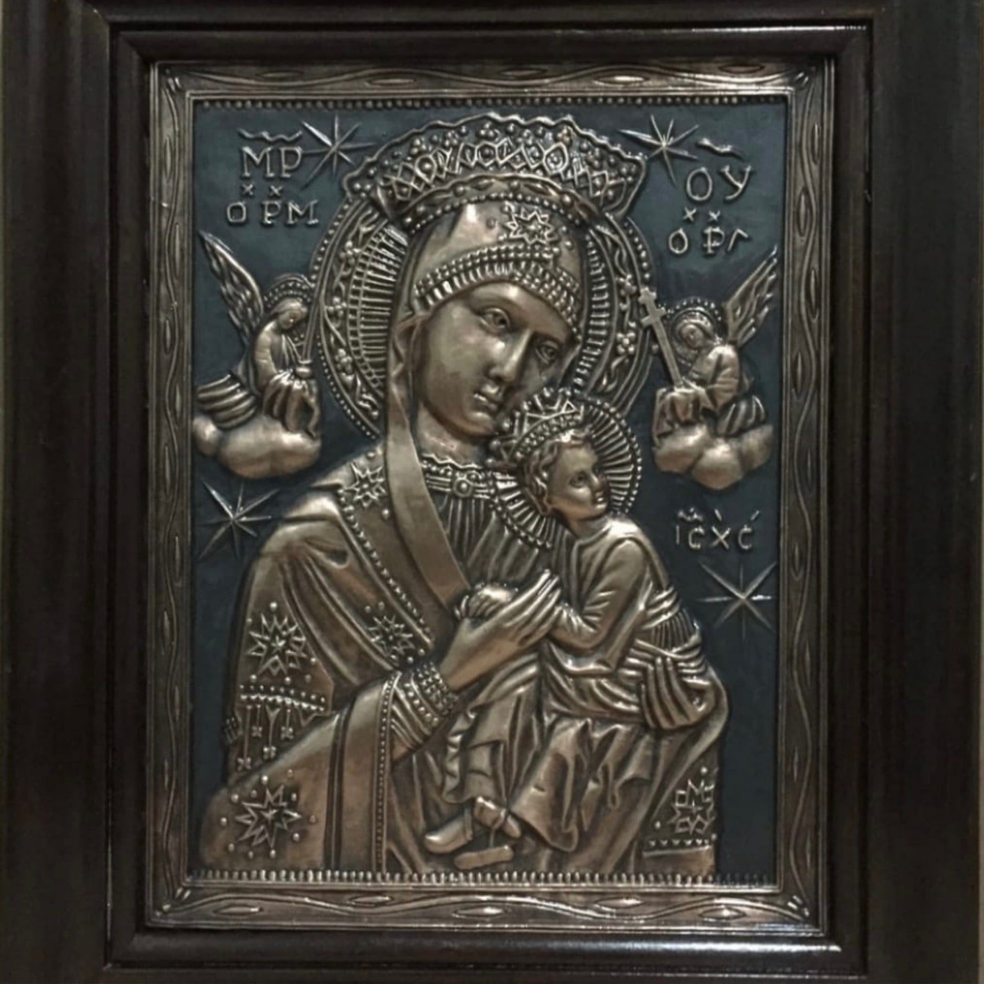 Coptic Copper/Wooden Frame - Theotokos - 55X45cm | Aghapy Store